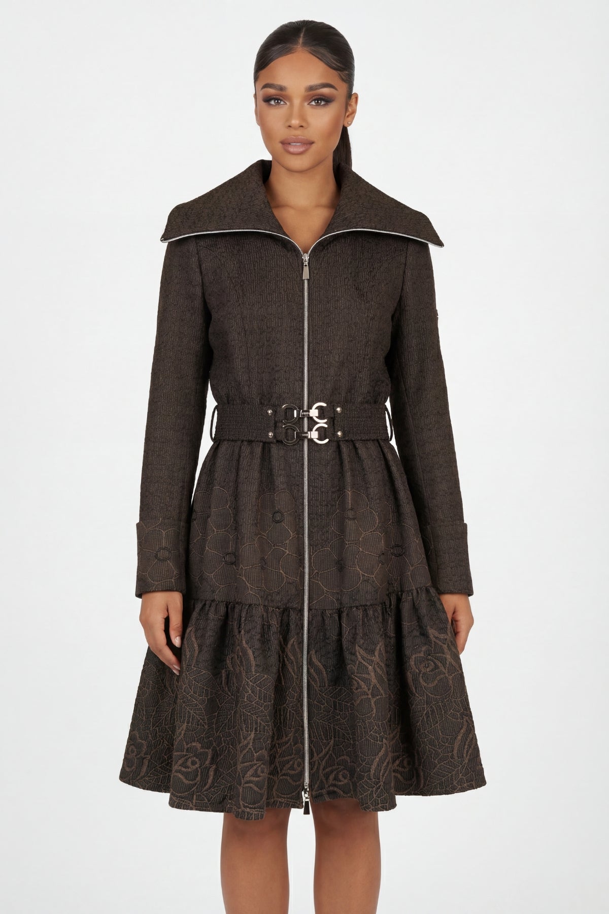 Iris Short Tailored Coat in Brown | Cotton-Blend Tiered-Hem Coat with ...