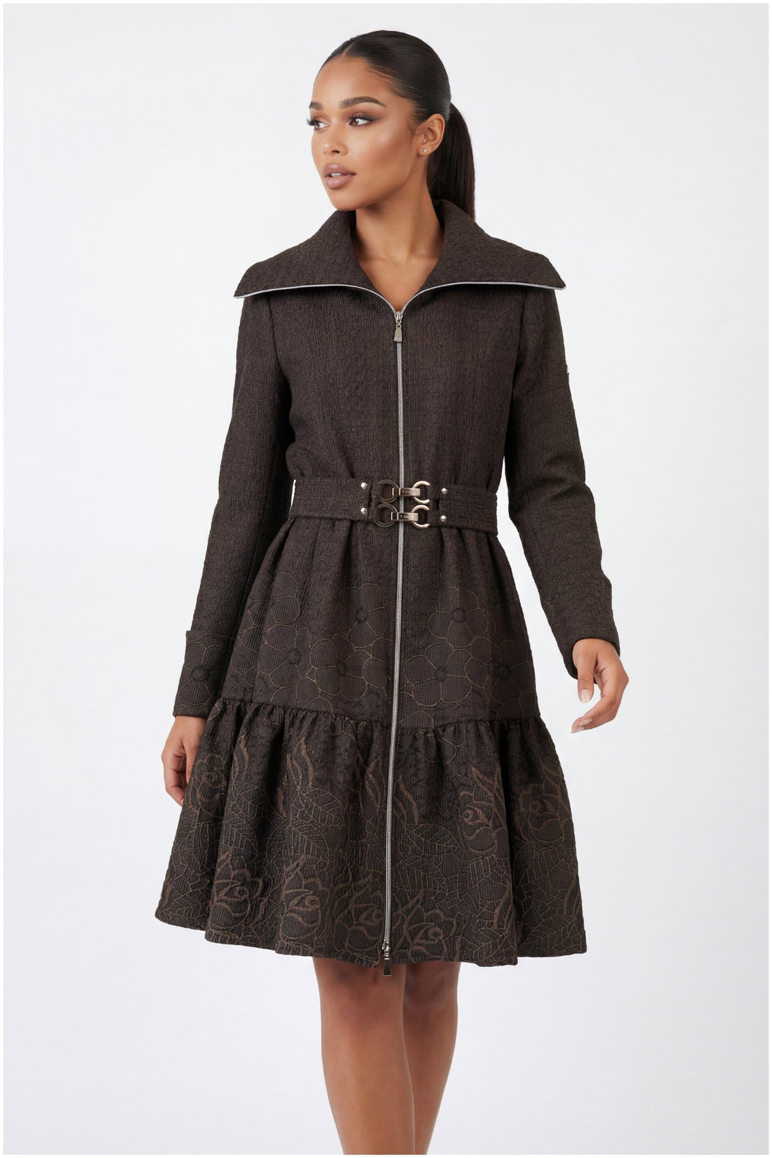 Iris Short Tailored Coat in Brown | Cotton-Blend Tiered-Hem Coat with ...