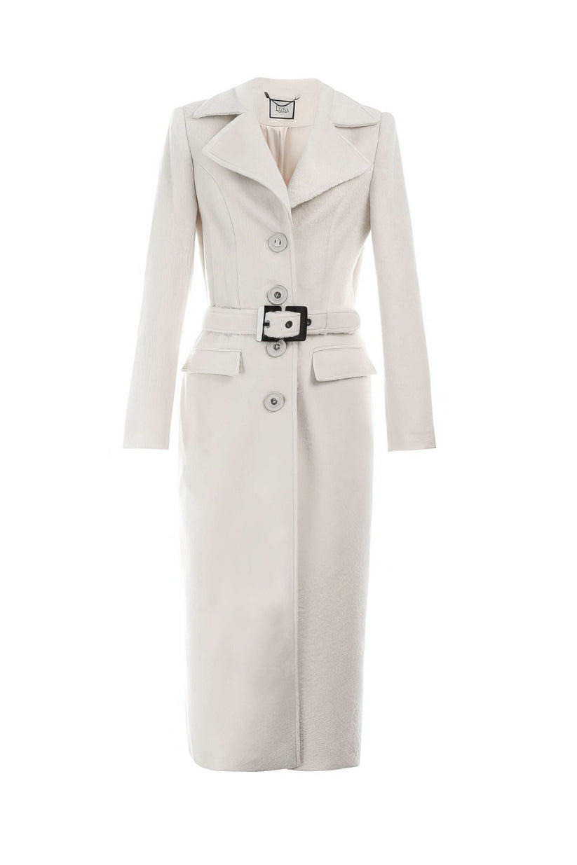 Linea Belted Midi Coat in Ivory | Premium Technical Belted Travel Coat ...
